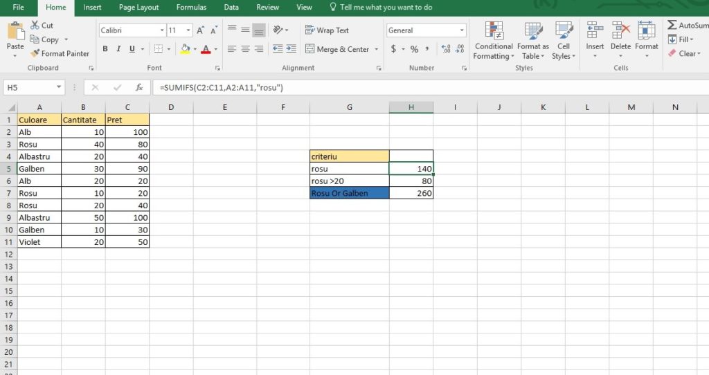 Excel-Functii matematice-SUMIFS | Cursuri Excel