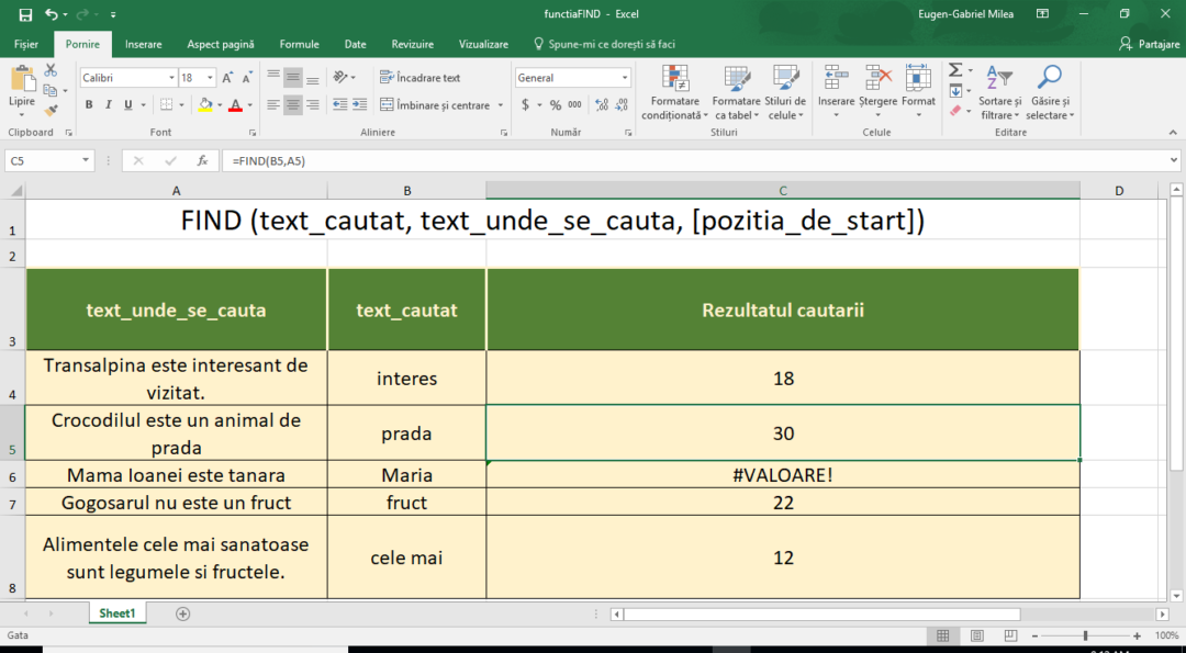 EXCEL-Functii text-Functia FIND | Cursuri Excel